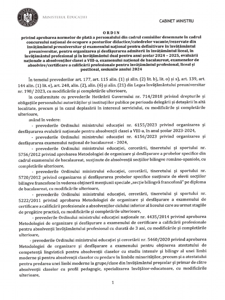 Ordin ME NR 4578 - Plata Comisii Examen 2024 | PDF
