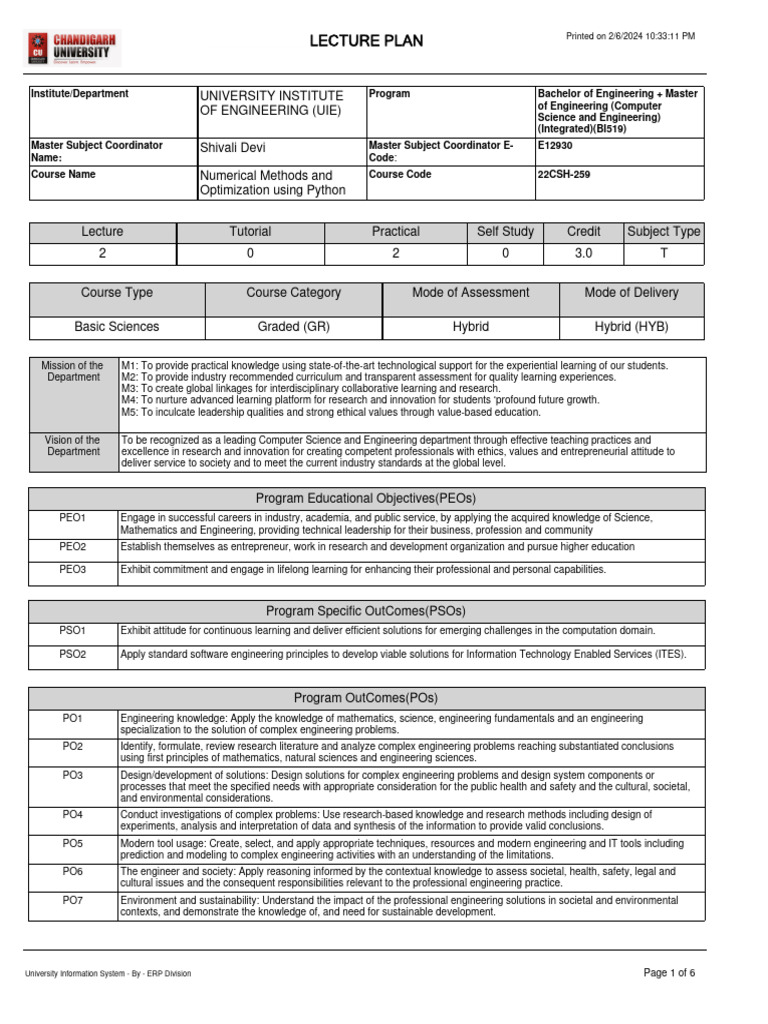 LecturePlan BI519 22CSH-259 | PDF | Engineering | Metaheuristic