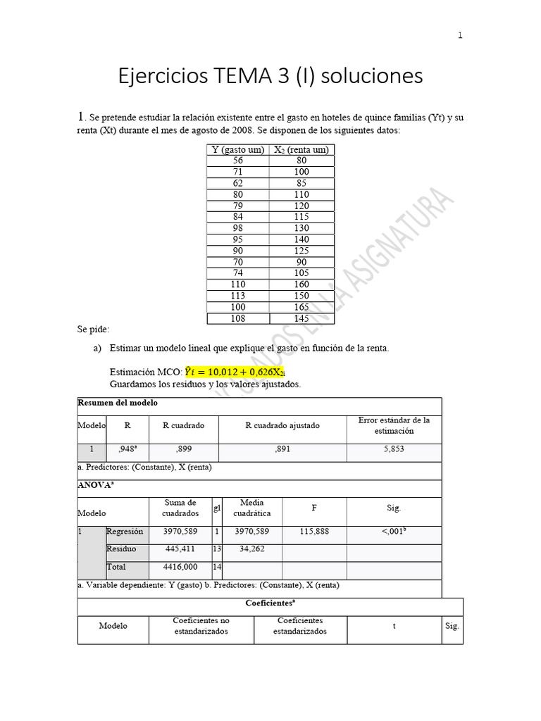 Ejercicios Tema 3 Soluciones | PDF | Mínimos cuadrados ordinarios | Análisis de regresión