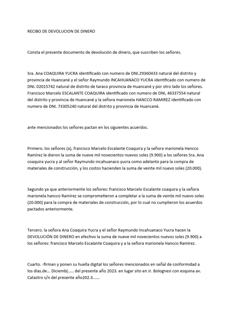 RECIBO DE DEVOLUCION DE DINERO | Descargar gratis PDF | Fiscal | Justicia penal