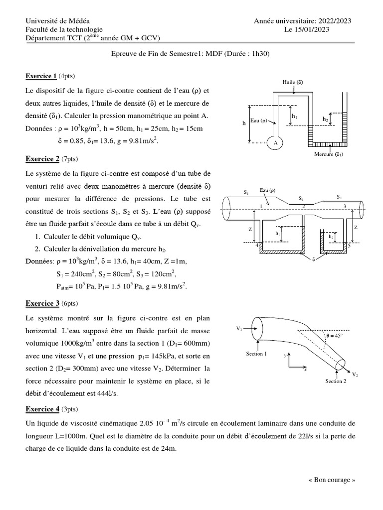 Examen1 CorrigÃ© MÃ©canique Des Fluides 2023 | PDF | Mécanique des ...