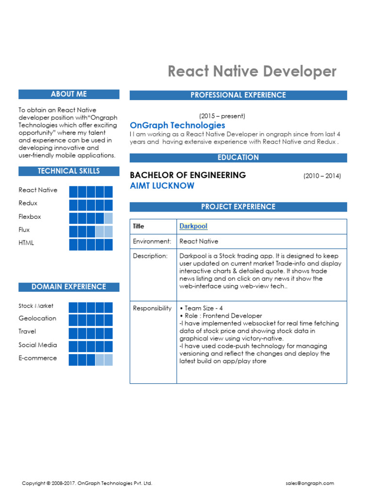 Resume of React Native Developer | PDF | Mobile App | Software