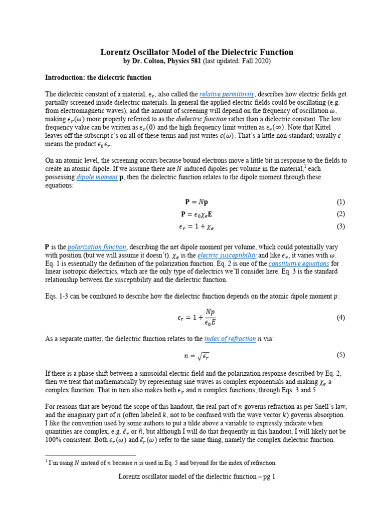 Lecture 39 Lorentz Oscillator Model of The Dielectric Function | PDF | Dielectric | Permittivity