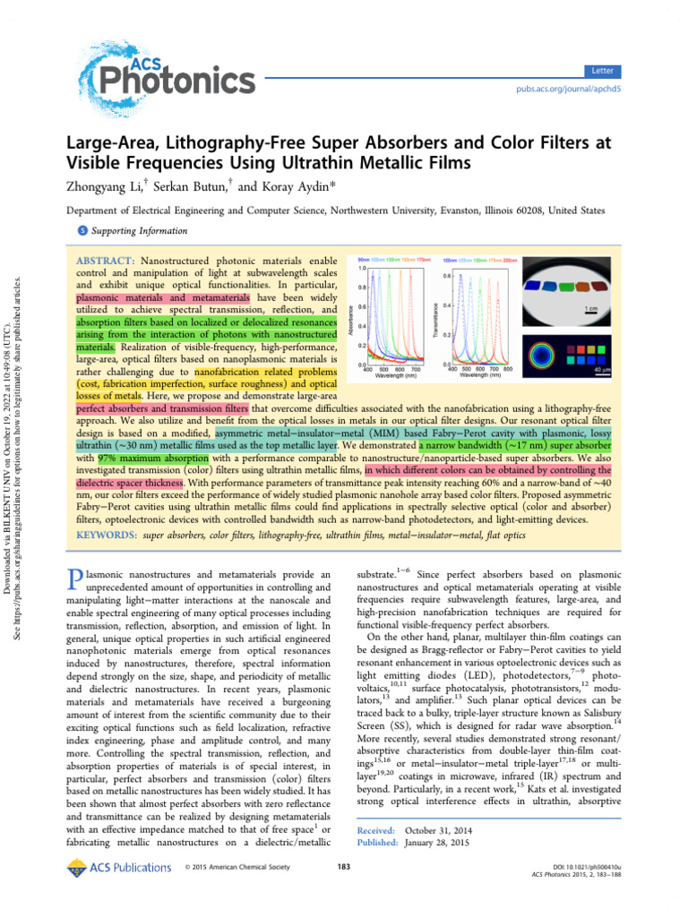 Large-Area, Lithography-Free Super Absorbers and Color Filters at | PDF ...