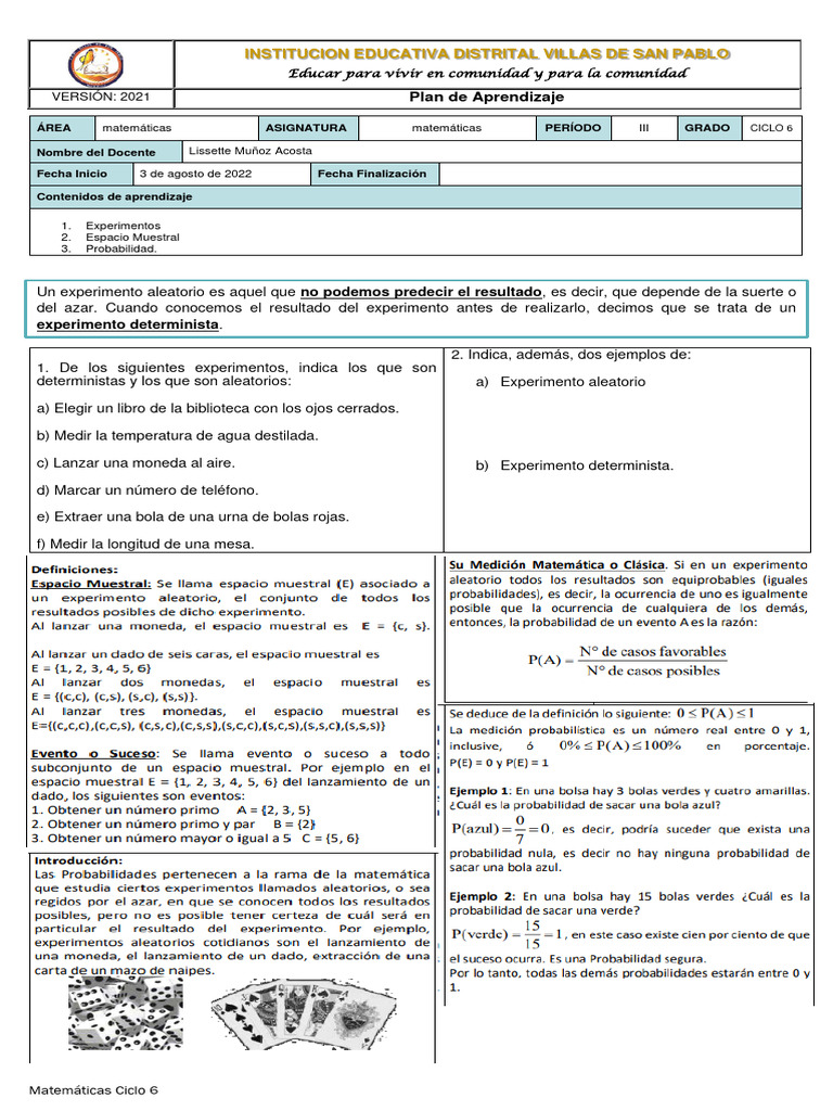 Plan Aprendizaje Ciclo6 | PDF | Probabilidad