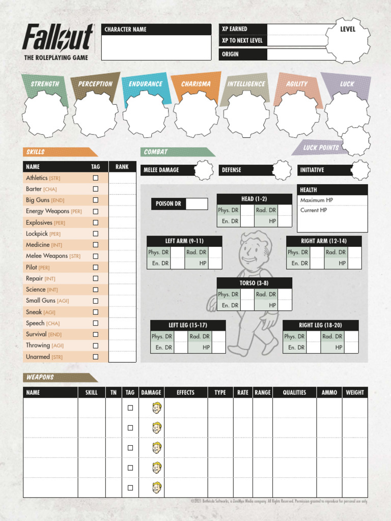 Fallout RPG - Character Sheet | PDF | Role Playing Games | Gaming