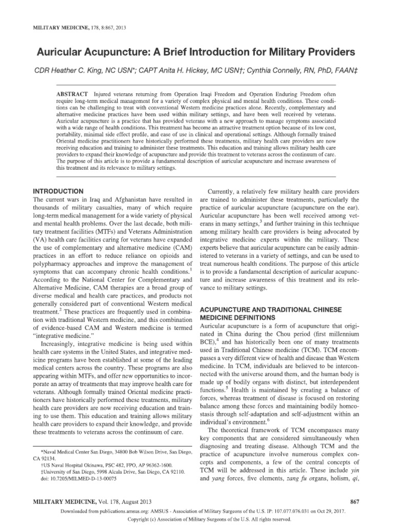 Auricular Acupuncture - A Brief Introduction For Military Providers | PDF