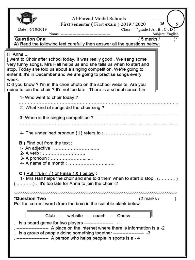 First exam 4th grade | PDF | Linguistic Morphology | Syntax