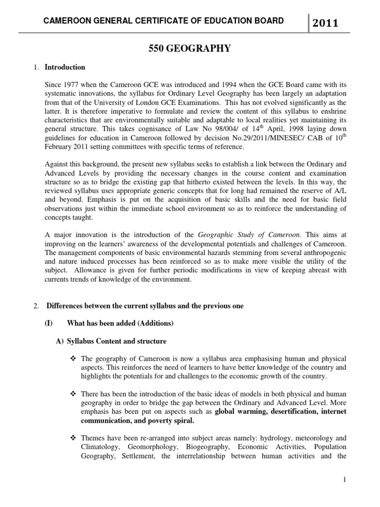 550 Geography: Cameroon General Certificate of Education Board | PDF ...
