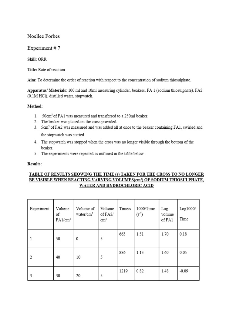 Experiment # 7 - Rates of Reactions | PDF | Physical Chemistry ...