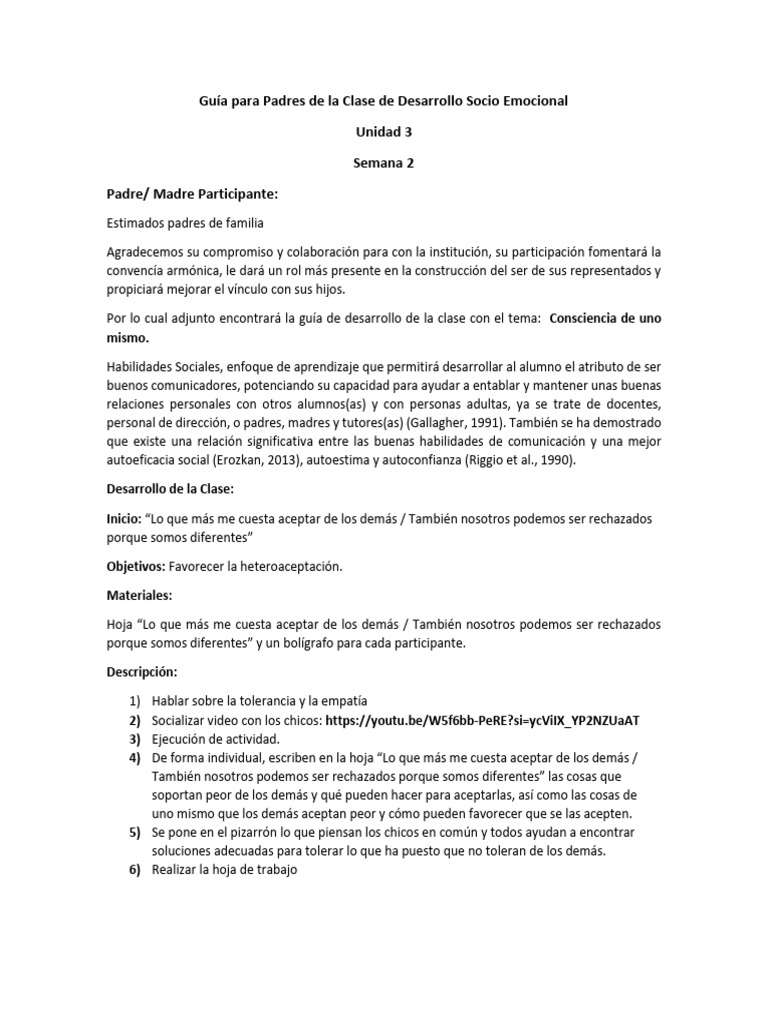 Guía para Padres de La Clase de Desarrollo Socio Emocional Unidad 3 ...