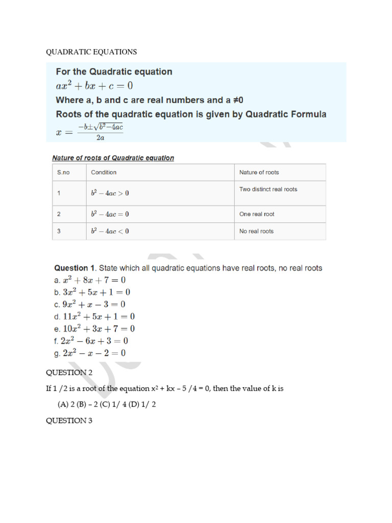 Revision - Quadratic Equations | PDF | Language Arts & Discipline ...