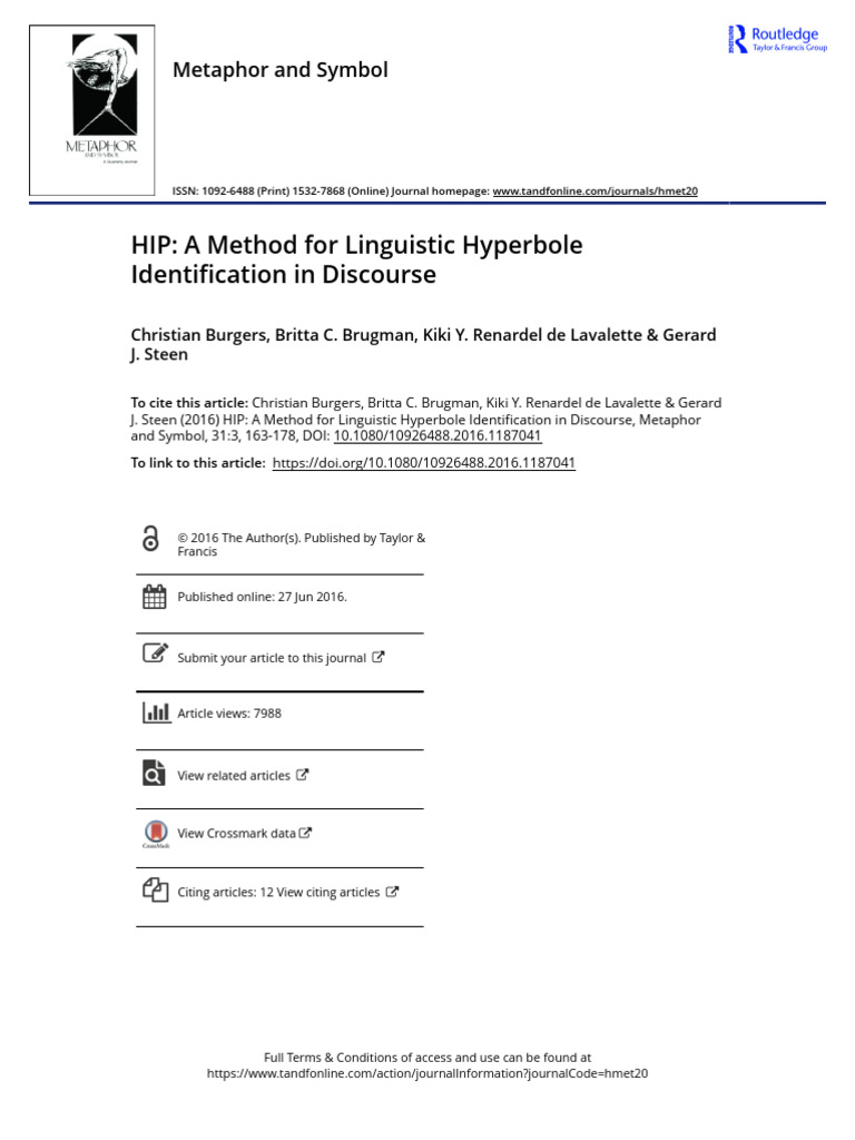 HIP - A Method For Linguistic Hyperbole Identification in Discourse | PDF | Irony | Word