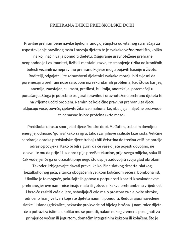 Prehrana Djece Predškolske Dobi | PDF