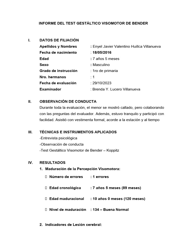 Informe Test Bender: Evaluación Visomotora | PDF | Comportamiento ...
