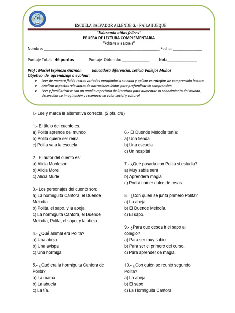 Prueba de Lectura: Polita va a la Escuela | PDF