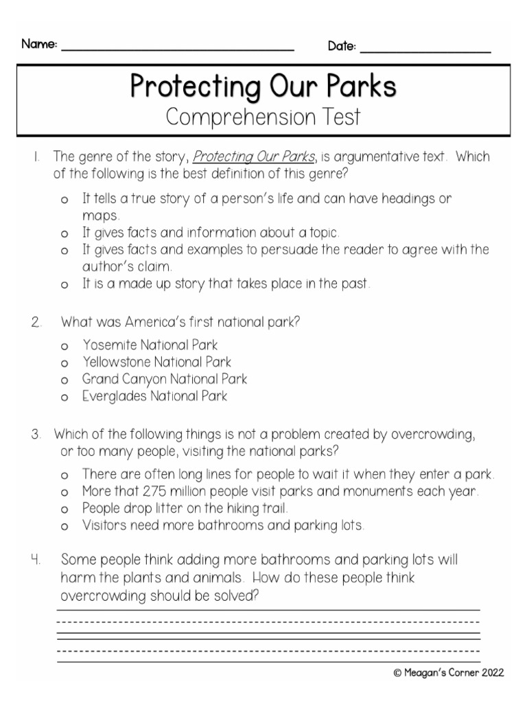 ProtectingOurParksComprehensionTestWonders2020Unit1TextSet3-1 2 | PDF