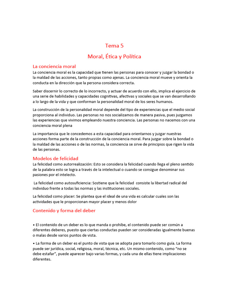 Moral, Etica y Politica Resumen Tema 5 | PDF | Moralidad | Felicidad