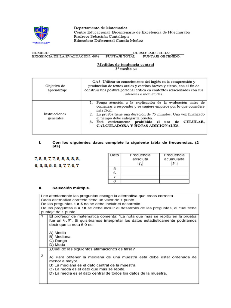 Evaluación PIE 3MC | PDF | Modo (Estadísticas) | Mediana