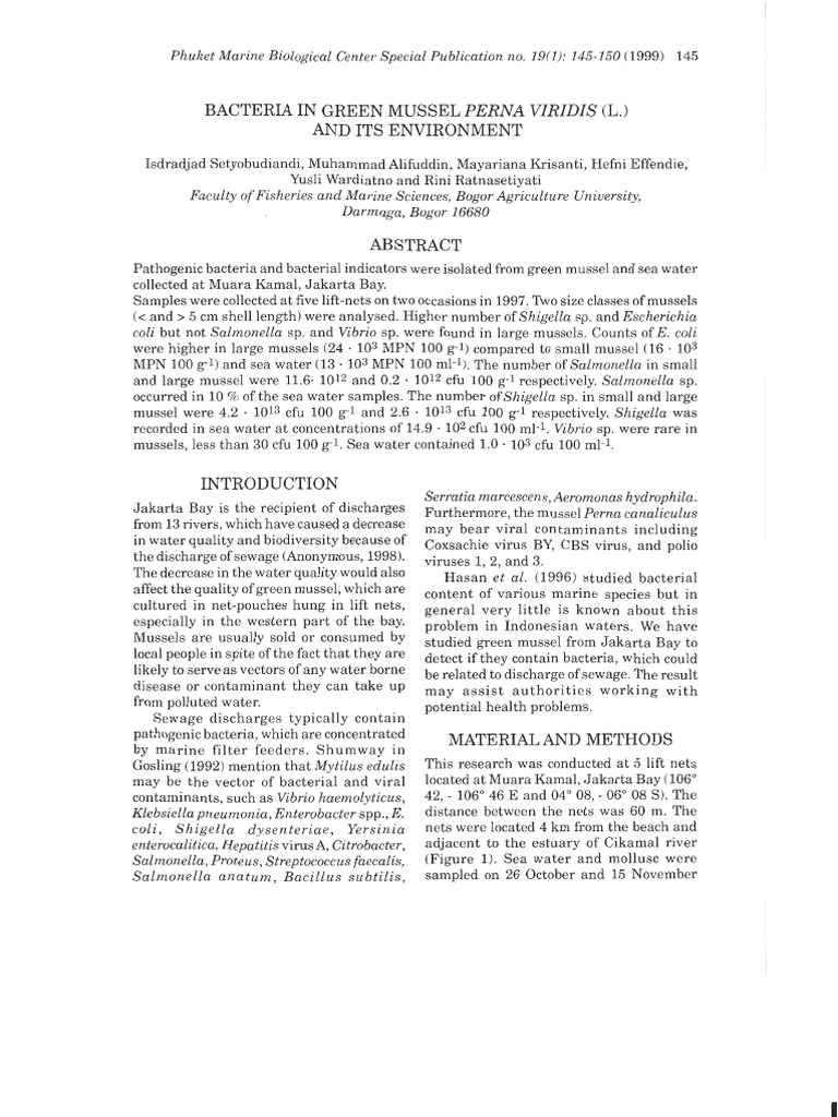 Bacteria in Green Mussel Perna Viridis and Its Environment | PDF