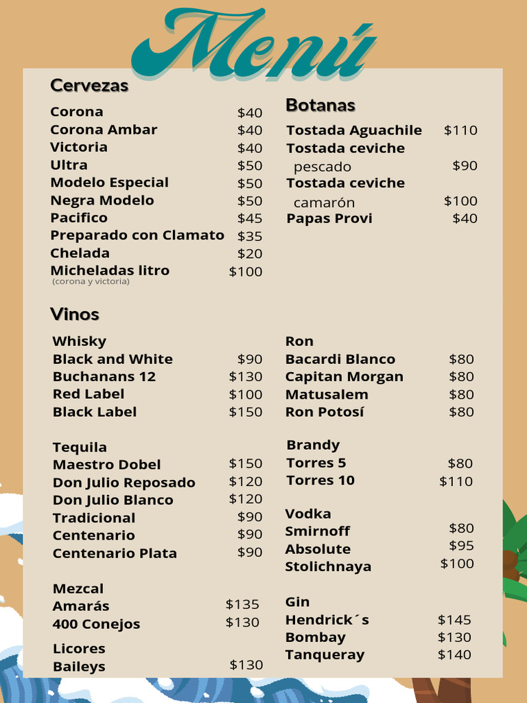 Cream Colorful Beach Bar Menu | PDF | Drink | Distilled Drinks