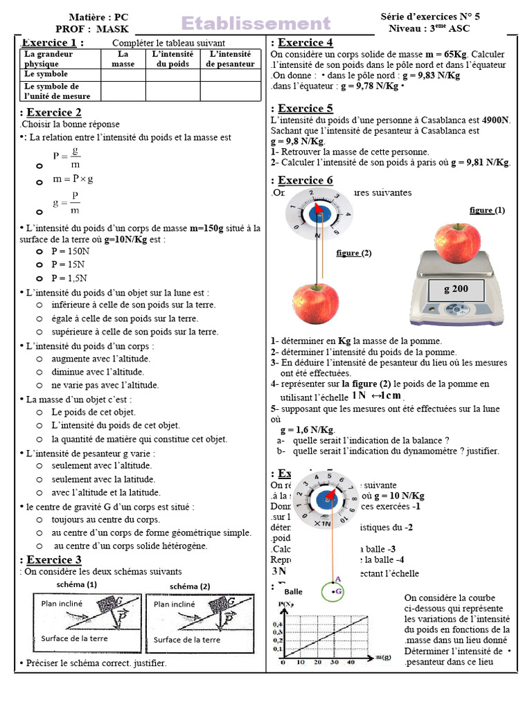 Le Poids Et La Masse Exercices Physique 3AC 2 | PDF | Poids | Mécanique ...