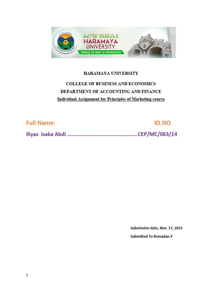 Assignment of Principle of Marketing Haramaya University CEP Program ...