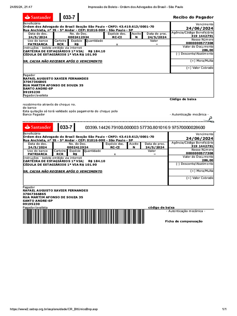 Impressão de Boleto - Ordem Dos Advogados Do Brasil - São Paulo | PDF