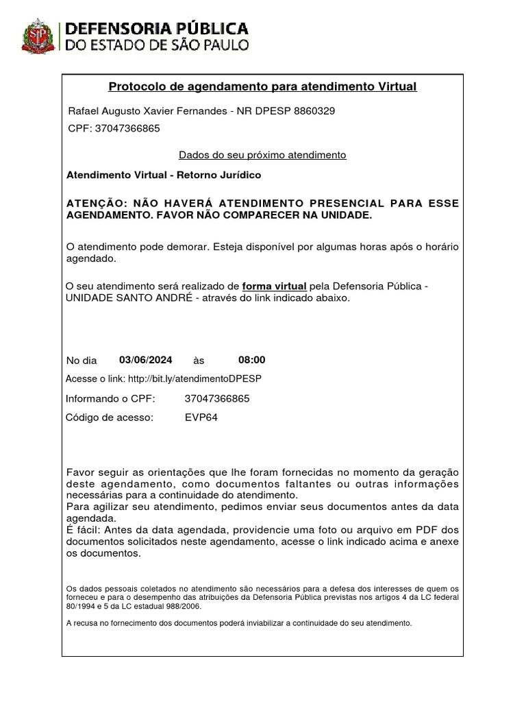 Protocolo de Agendamento Virtual | PDF | Direito