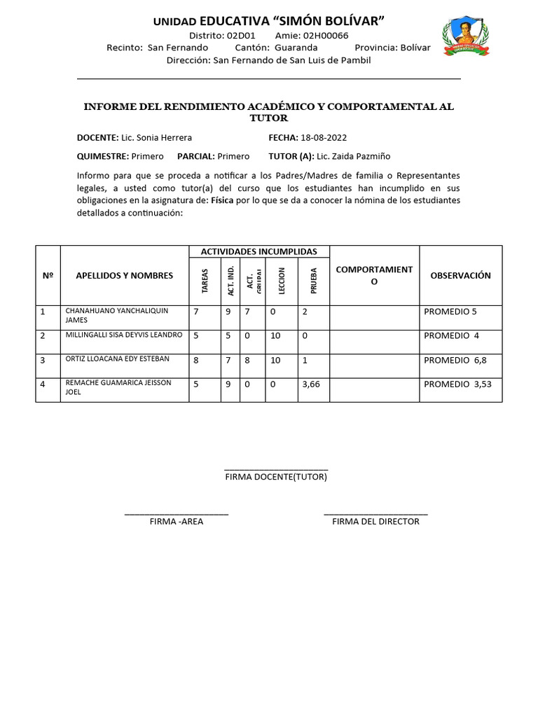 Informe-Bajo-Rendimiento-Academico - DECE-TUTOR | PDF