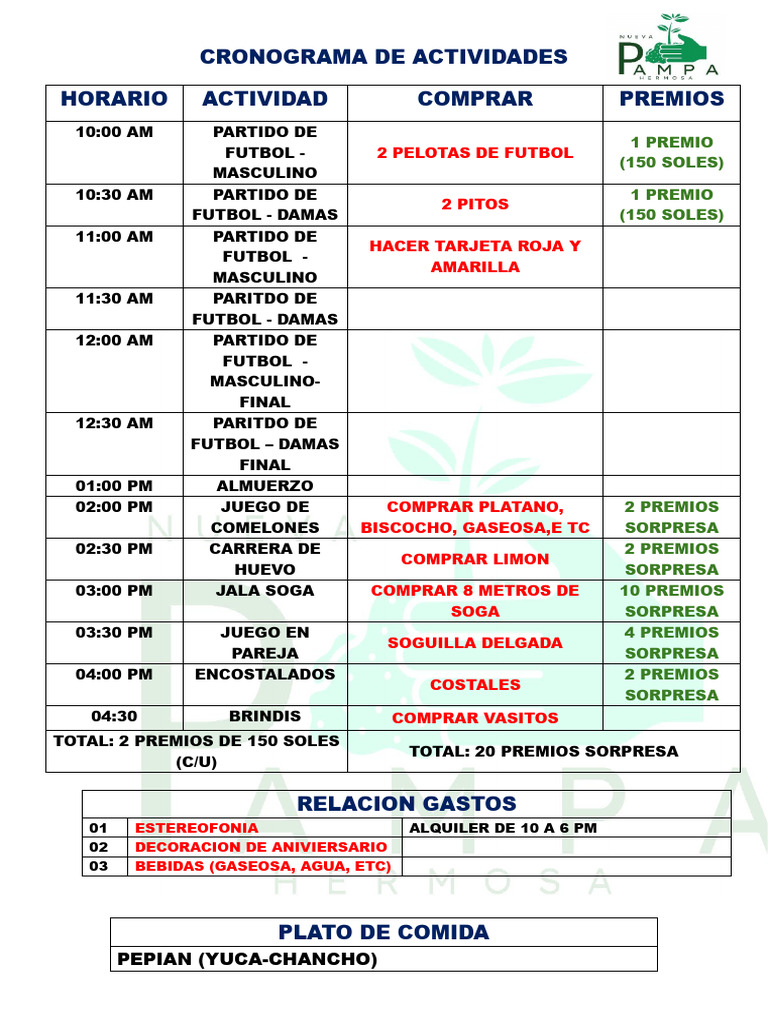 Cronograma de Actividades Por Dia Del Trabajador | PDF
