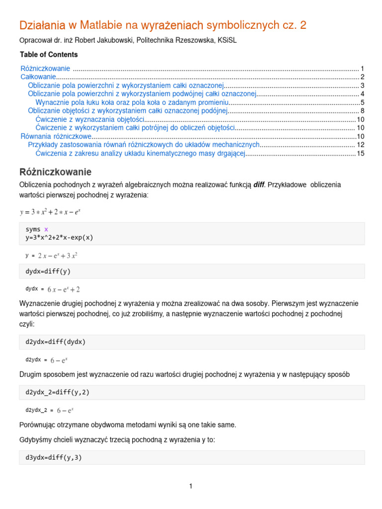 Dzialania W Matlab Na Wyrazeniach Symbolicznych cz2 | PDF