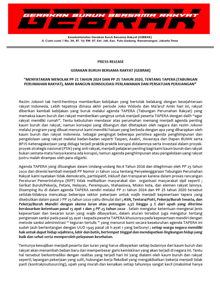 Press Release Gebrak Terhadap PP 25 Tahun 2020 Dan 21 Tahun 2024 Tentang Tapera | PDF | Ilmu ...