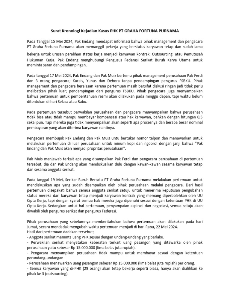 Surat Kronologi Kejadian Kasus PHK PT GRAHA FORTUNA PURNAMA | PDF