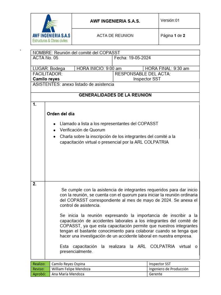Acta Reunión COPASST - Mayo 2024 | PDF