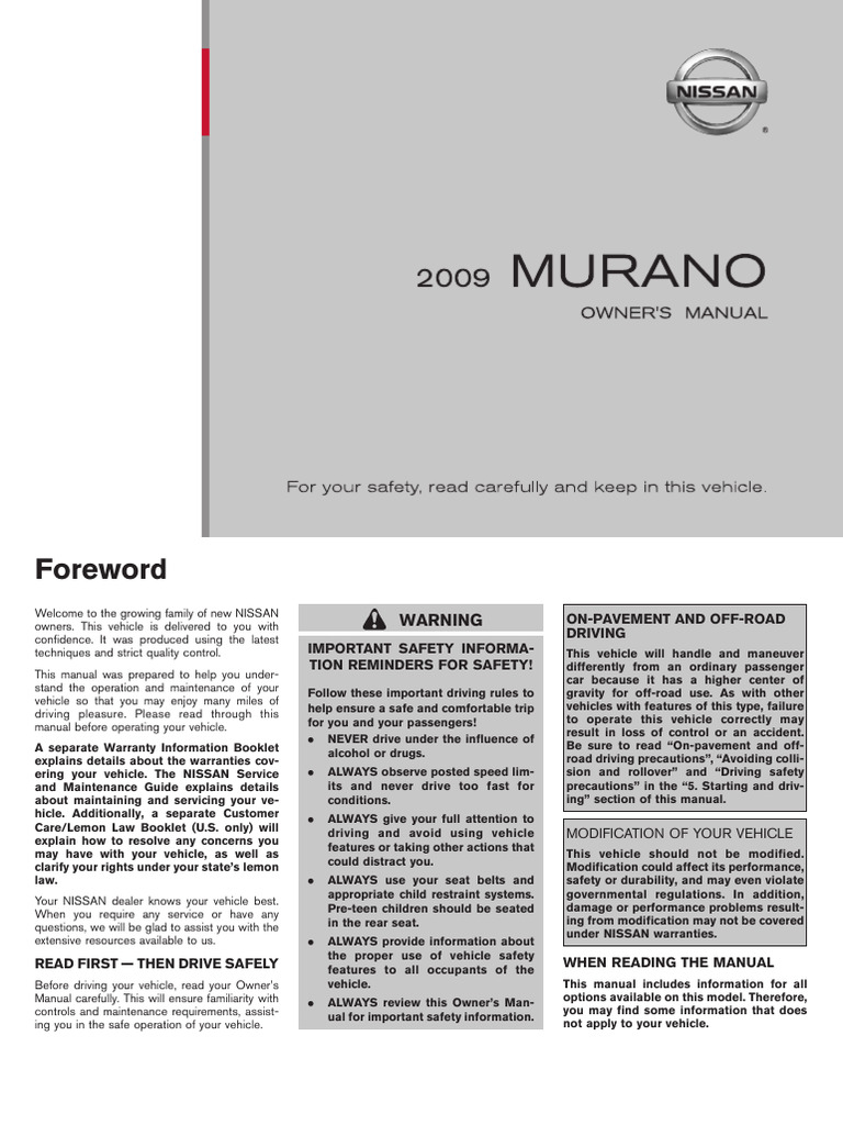 2009 Murano Owner Manual | PDF | Seat Belt | Airbag
