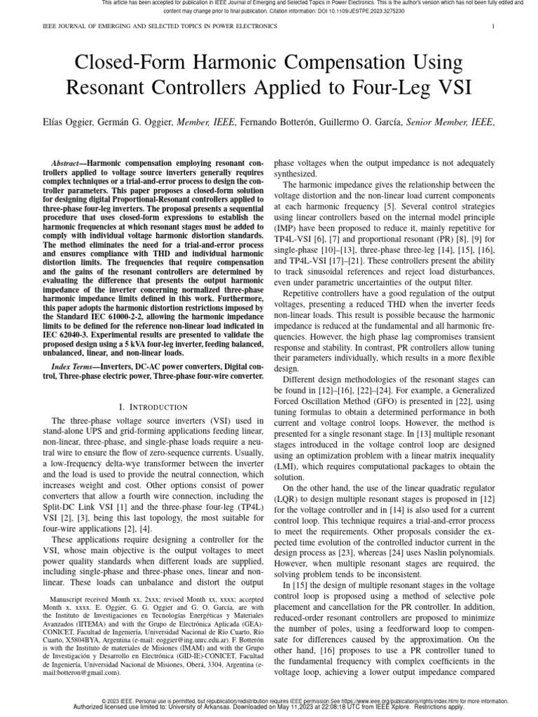 Closed-Form Harmonic Compensation Using Resonant Controllers Applied To Four-Leg VSI | PDF ...