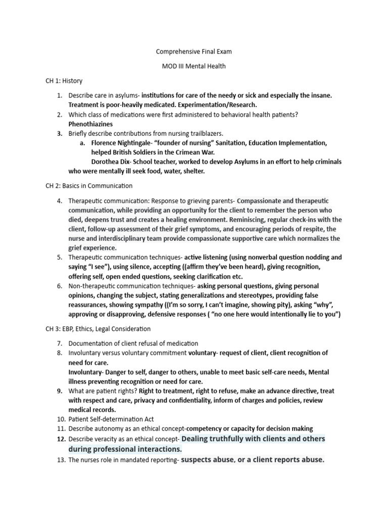 Comprehensive Final Exam Topics | PDF | Mental Disorder | Schizophrenia