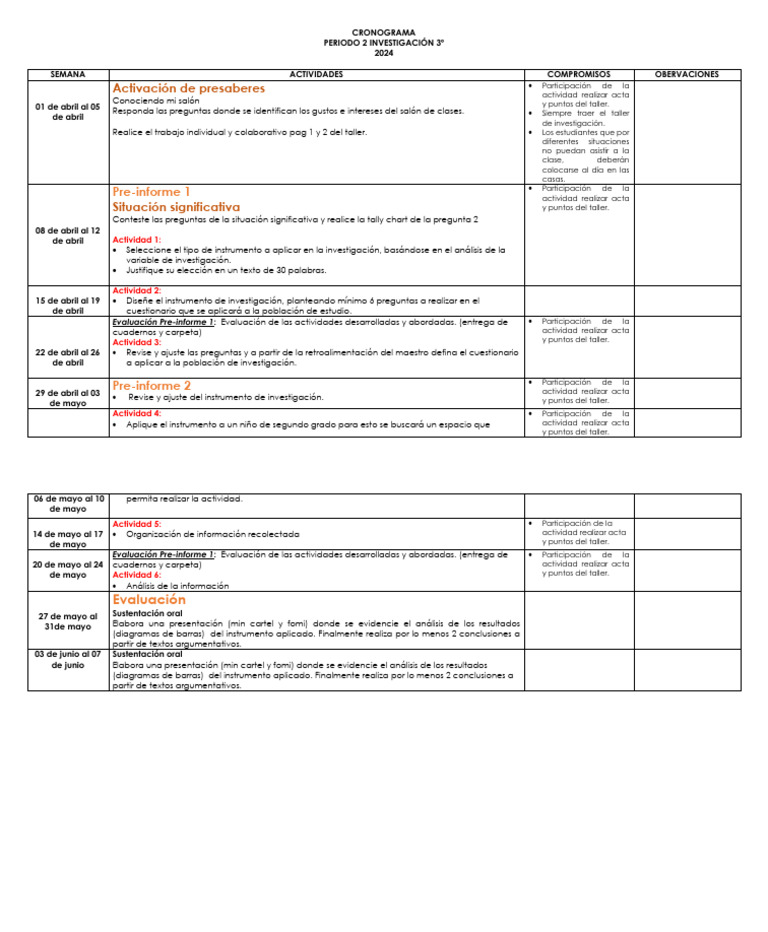 2 - Cronograma P2 Grado 3Â° 2024 | PDF