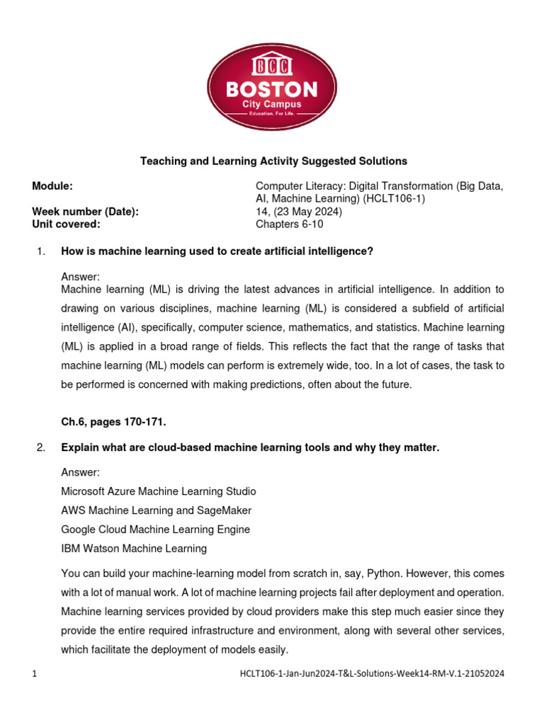 HCLT106 1 Jan Jun2024 T&L Solutions Week14 RM V.1 21052024 | PDF | Machine Learning | Artificial ...
