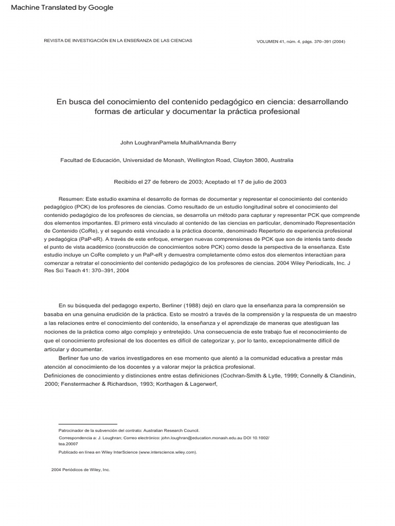 Loughran - Trad CoRe para CDC | PDF | Enseñando | Conocimiento