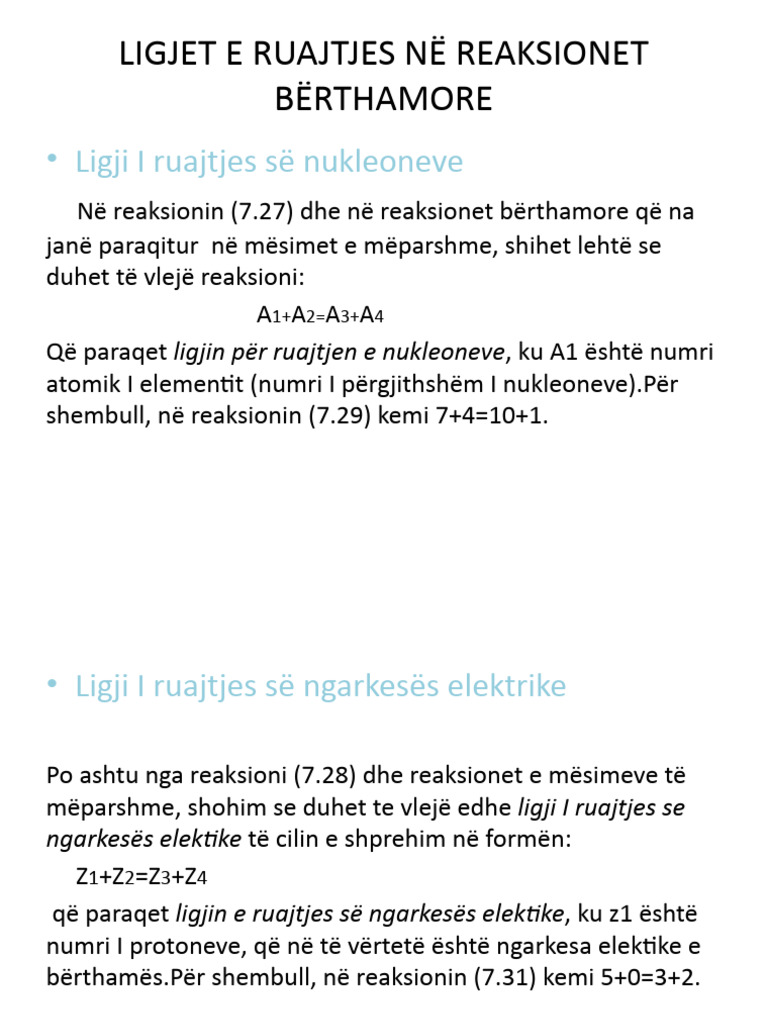 Ligjet e Ruajtjes Nã - Reaksionet Bã - Rthamore | PDF