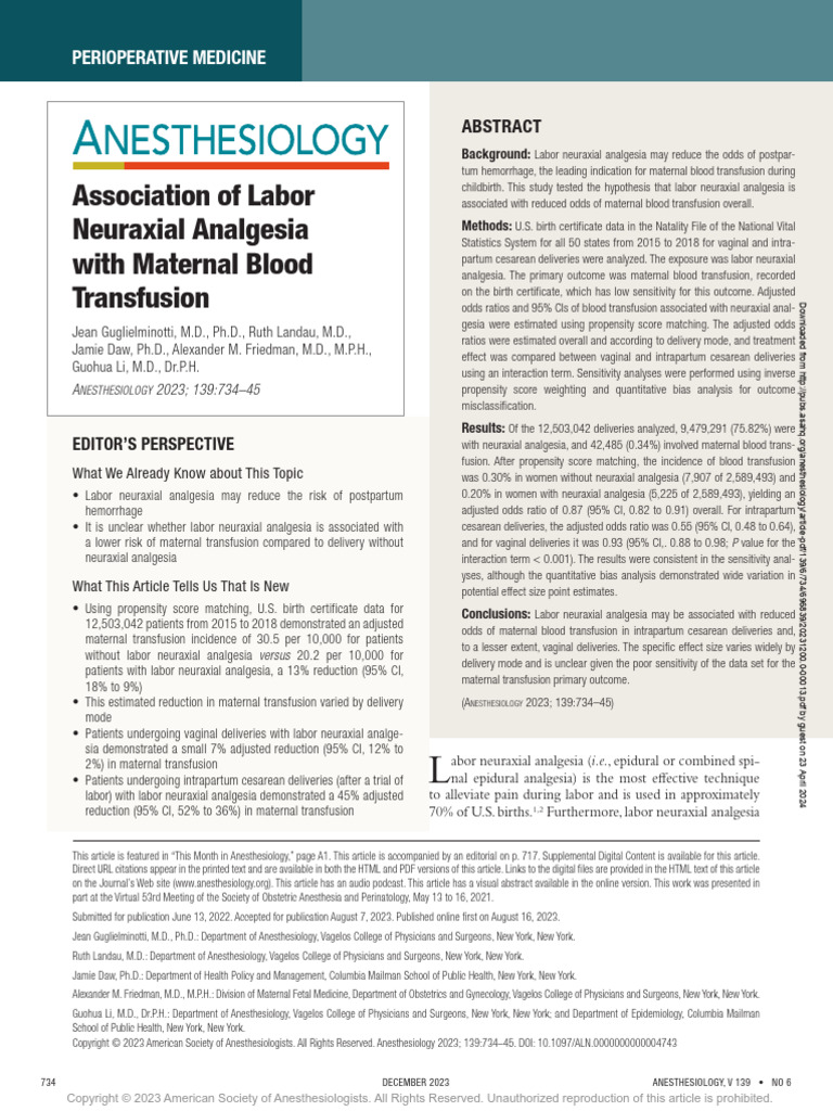 Association of Labor Neuraxial Analgesia With Maternal Blood ...
