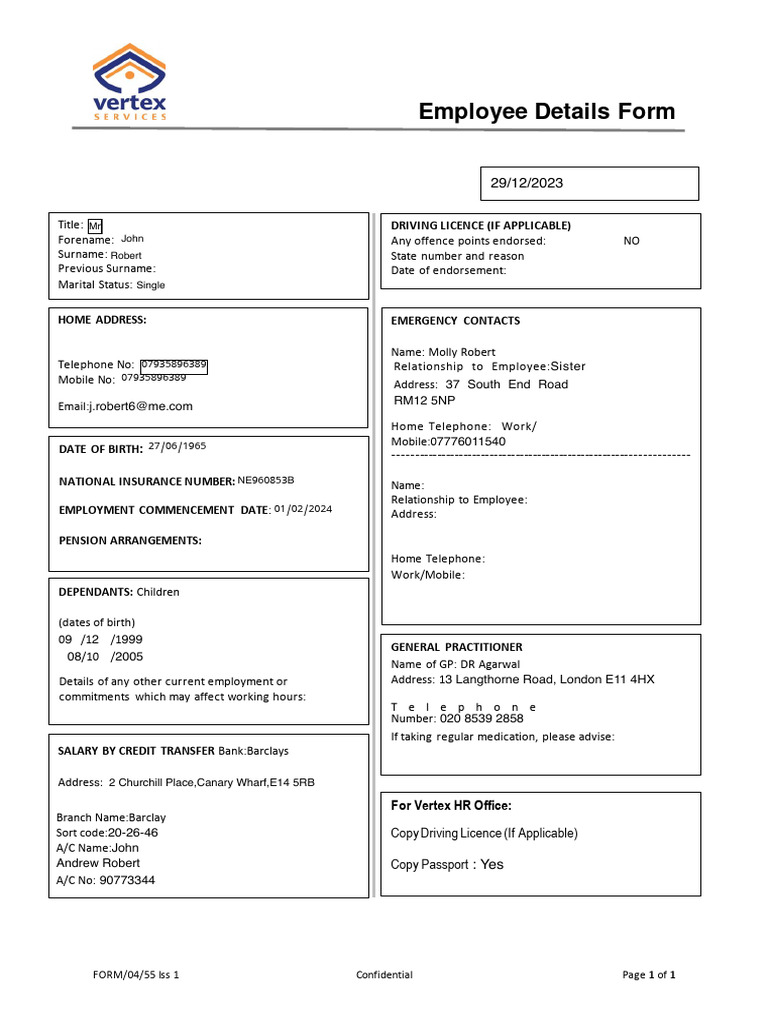 Employee Details FORM - 04 - 55 Iss 1 | PDF
