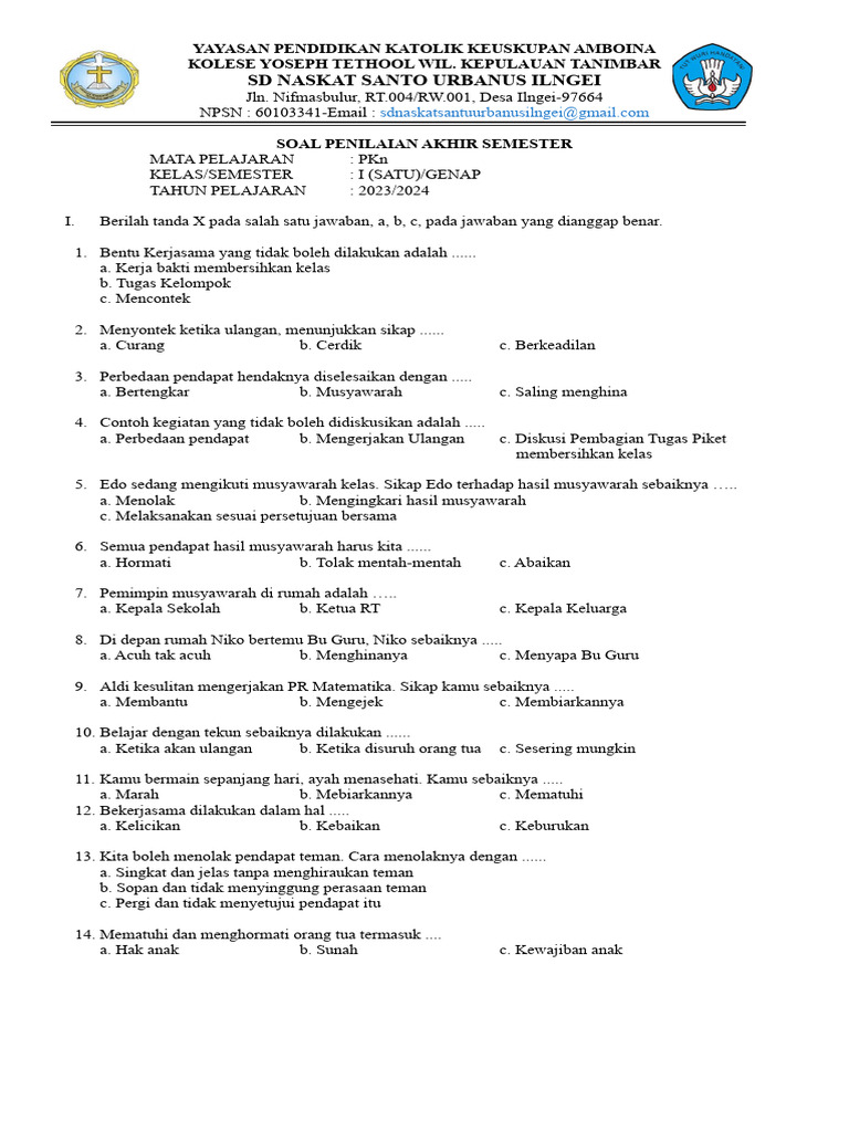 Soal PKn Kelas 1 SD | PDF