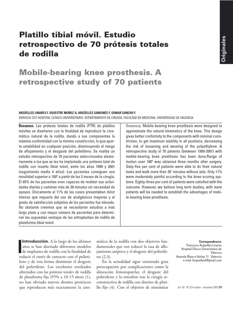 Platillo Tibial Móvil. Estudio Retrospectivo de 70 Prótesis Totales de ...