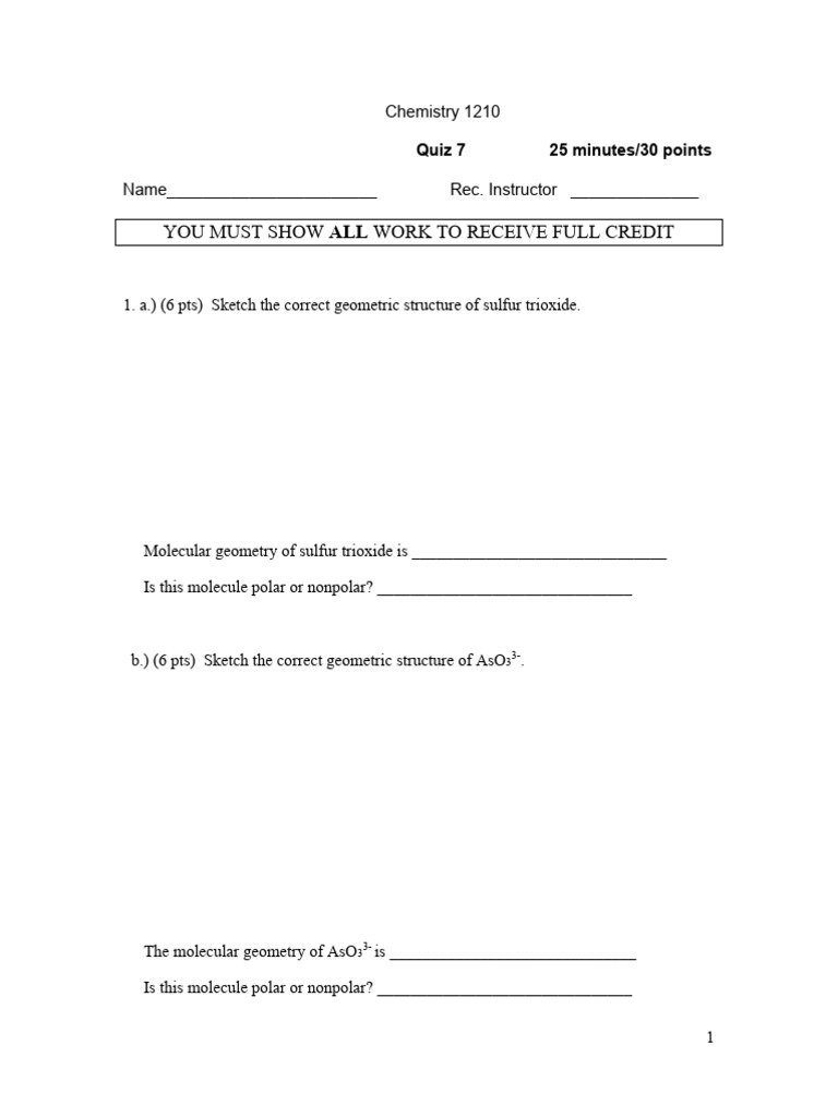 Chemistry 1210 Quiz 7: Molecular Geometry | PDF