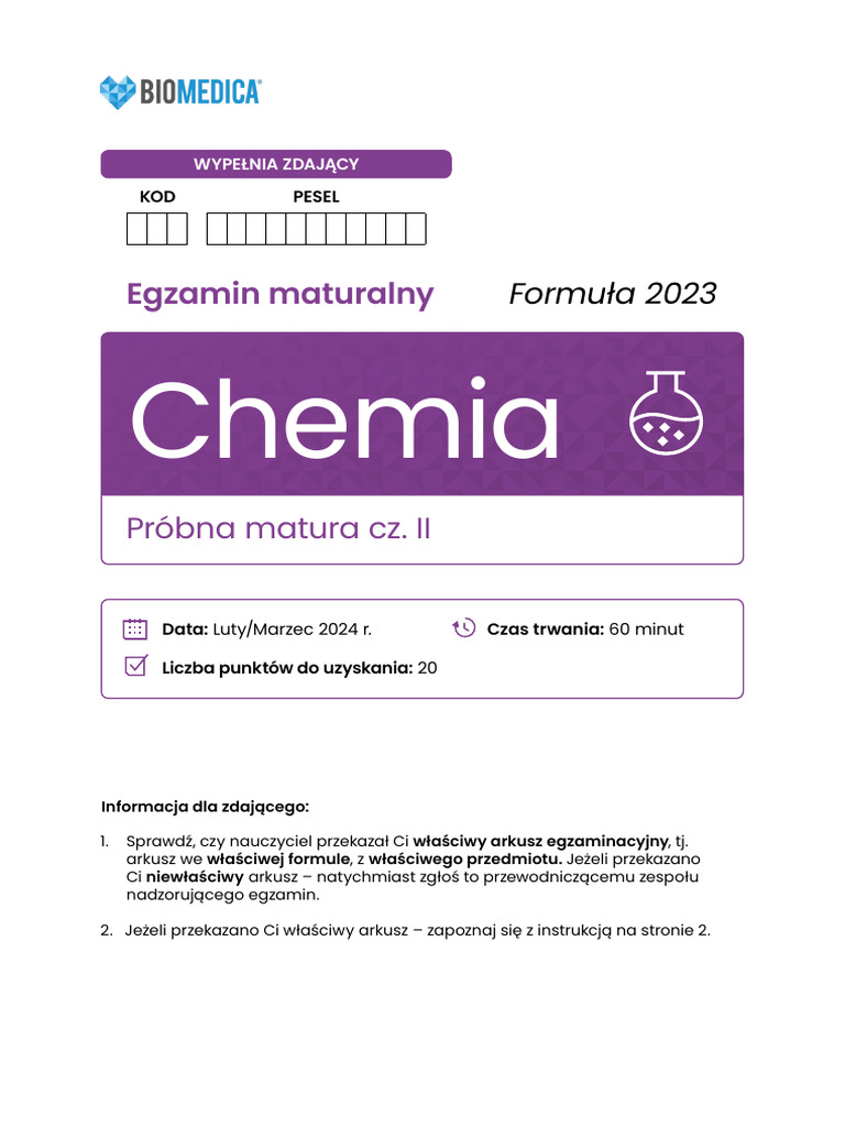 Arkusz 2 Matura Chemia 2024 Biomedica-Nowy | PDF