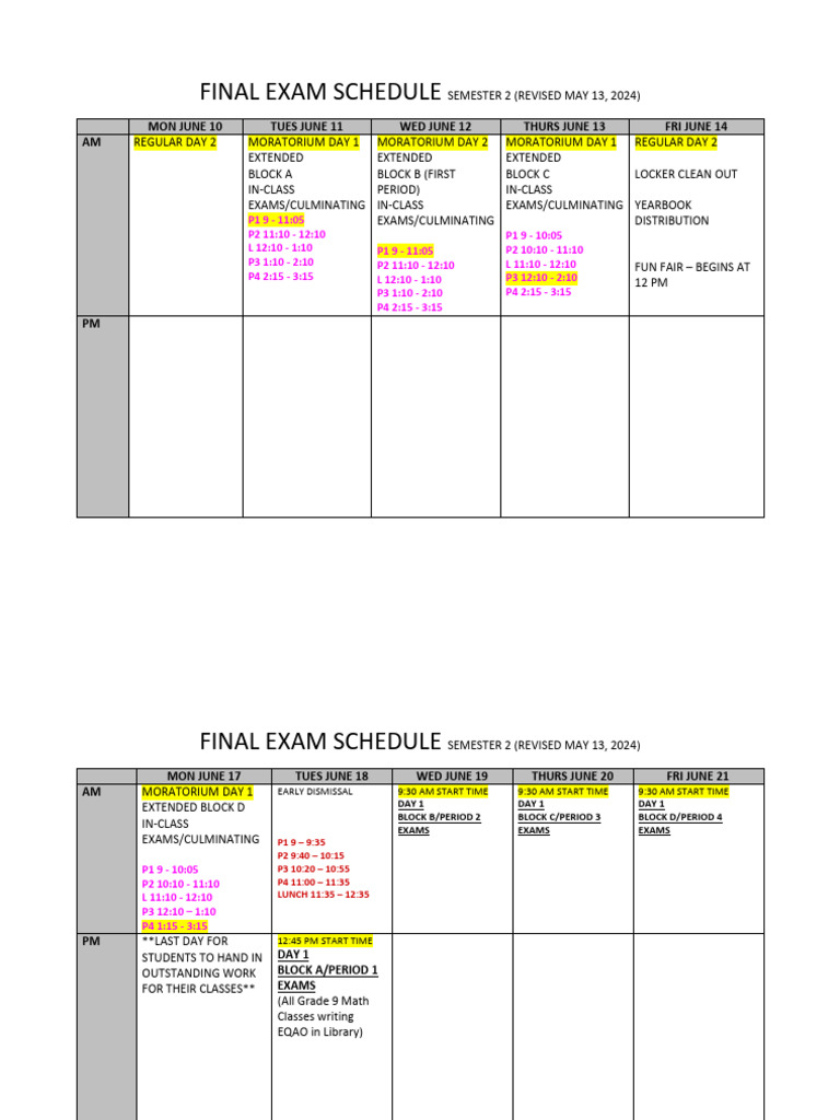 Ymci June 2024 Semester 2 Final Exam Schedule Calendar | PDF ...