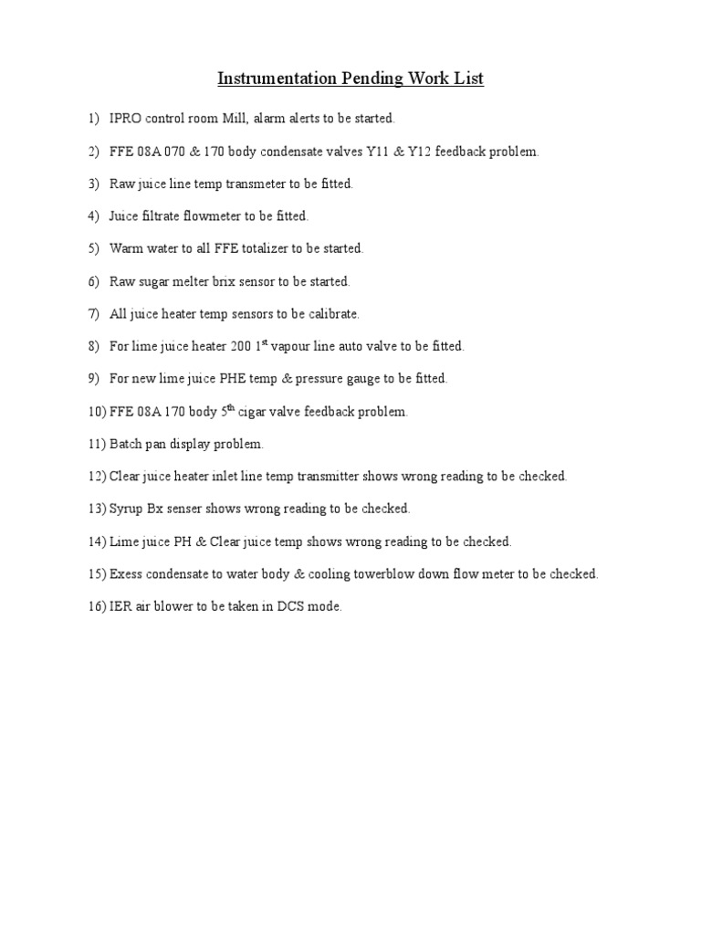 Instrumentation Work List for IPRO Control Room | PDF